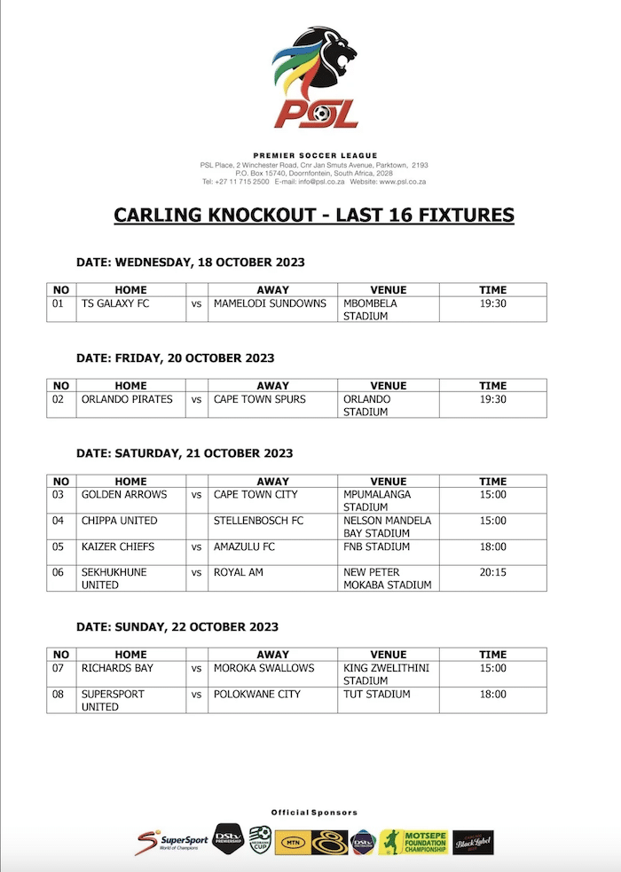 PSL announce Carling Knockout Cup prize money, fixtures, venues PSL announce Carling Knockout Cup prize money, fixtures, venues